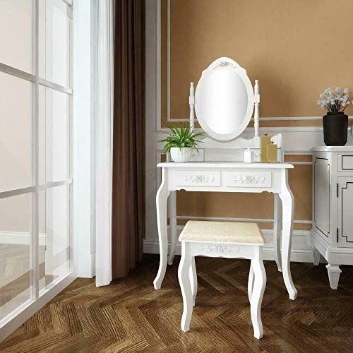 WINVOX Vanity Table Set Jewelry Wood Desk with 4 Drawer,Makeup Dressing Table Makeup Table with Oval Mirror Cushioned Stool,Girls Women Bedroom Furniture Set Oval Mirror White ZLYCFCDUS