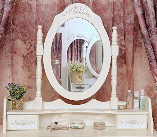 WINVOX Vanity Table Set Jewelry Wood Desk with 4 Drawer,Makeup Dressing Table Makeup Table with Oval Mirror Cushioned Stool,Girls Women Bedroom Furniture Set Oval Mirror White ZLYCFCDUS