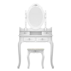 WINVOX Vanity Table Set Jewelry Wood Desk with 4 Drawer,Makeup Dressing Table Makeup Table with Oval Mirror Cushioned Stool,Girls Women Bedroom Furniture Set Oval Mirror White ZLYCFCDUS