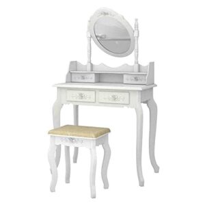 WINVOX Vanity Table Set Jewelry Wood Desk with 4 Drawer,Makeup Dressing Table Makeup Table with Oval Mirror Cushioned Stool,Girls Women Bedroom Furniture Set Oval Mirror White ZLYCFCDUS