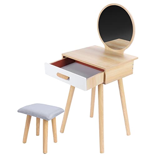 NJSV White Vanity Makeup Dressing Table Set w/Stool Drawer&Mirror Jewelry Wood Desk Shuq Vanity Desk Makeup Vanity Side Tables Bedroom Vanity Table Portable Desk Vanity Set