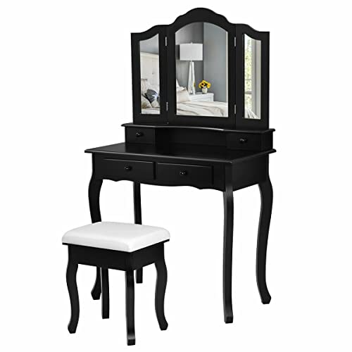 NJSV Vanity Makeup Dressing Table Set W/Stool 4 Drawer&Mirror Quir Vanity Desk Makeup Vanity Side Tables Bedroom Vanity Table Portable Desk Vanity Set