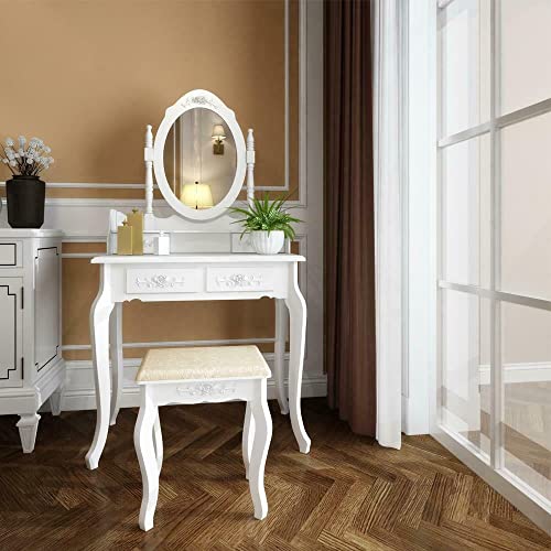 Dressing Table, 4 Drawers with Mirror Makeup Dressing Table Set White Bedroom Dressing Furniture, Small Vanity Table for Bedroom, White Vanity Desk，Small Vanity CYJCFCDUS