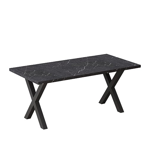 Modern 70-Inch Large Dining Table, Rectangular Table with Printed Marble Table Top, Faux Marble Luxury Dining Table with Metal X-Shape Legs, Modern Table for Office Kitchen Dining Living Room, Black