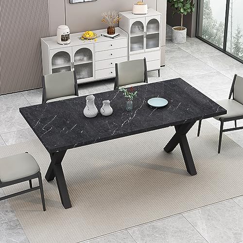 Modern 70-Inch Large Dining Table, Rectangular Table with Printed Marble Table Top, Faux Marble Luxury Dining Table with Metal X-Shape Legs, Modern Table for Office Kitchen Dining Living Room, Black