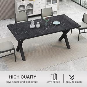 Modern 70-Inch Large Dining Table, Rectangular Table with Printed Marble Table Top, Faux Marble Luxury Dining Table with Metal X-Shape Legs, Modern Table for Office Kitchen Dining Living Room, Black