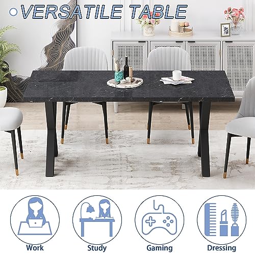 Modern 70-Inch Large Dining Table, Rectangular Table with Printed Marble Table Top, Faux Marble Luxury Dining Table with Metal X-Shape Legs, Modern Table for Office Kitchen Dining Living Room, Black