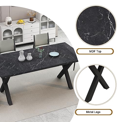 Modern 70-Inch Large Dining Table, Rectangular Table with Printed Marble Table Top, Faux Marble Luxury Dining Table with Metal X-Shape Legs, Modern Table for Office Kitchen Dining Living Room, Black