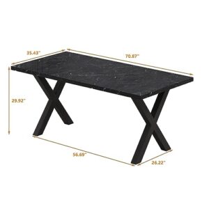 Modern 70-Inch Large Dining Table, Rectangular Table with Printed Marble Table Top, Faux Marble Luxury Dining Table with Metal X-Shape Legs, Modern Table for Office Kitchen Dining Living Room, Black