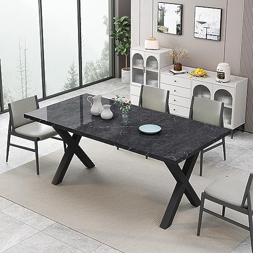 Modern 70-Inch Large Dining Table, Rectangular Table with Printed Marble Table Top, Faux Marble Luxury Dining Table with Metal X-Shape Legs, Modern Table for Office Kitchen Dining Living Room, Black