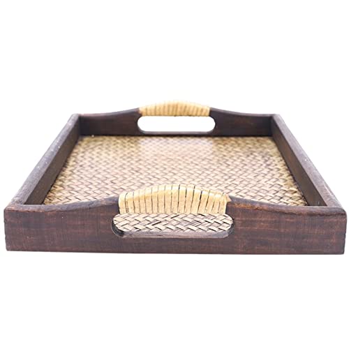 GEEKLLS Breakfast Tray Multi-Functional Wooden Serving Trays with Handle Rectangle Handmade Rattan Bamboo Tea/Oil Trays Dessert/Coffee/Fruits Plate 30.