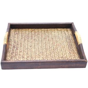 GEEKLLS Breakfast Tray Multi-Functional Wooden Serving Trays with Handle Rectangle Handmade Rattan Bamboo Tea/Oil Trays Dessert/Coffee/Fruits Plate 30.