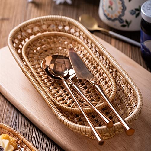 GEEKLLS Breakfast Tray Handmade Woven Oval Rattan Fruit Basket Bread Tray Wicker Food Tray Serving Basket Weaving Storage Holder (Size : Small)