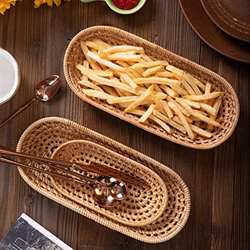 GEEKLLS Breakfast Tray Handmade Woven Oval Rattan Fruit Basket Bread Tray Wicker Food Tray Serving Basket Weaving Storage Holder (Size : Small)