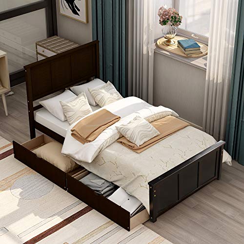 Twin Size Platform Bed with 2 Storage Drawers, Upholstered Wooden Bed Frame with Headboard, Wood Slats Support for Boys/Girls/Adult, No Box Spring Need, Gray (Espresso)