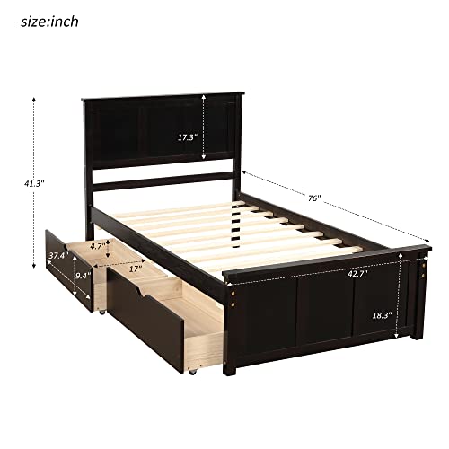 Twin Size Platform Bed with 2 Storage Drawers, Upholstered Wooden Bed Frame with Headboard, Wood Slats Support for Boys/Girls/Adult, No Box Spring Need, Gray (Espresso)