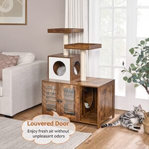 BEWISHOME Cat Litter Box Enclosure Hidden Litter Box Furniture with Cat Tree Tower, Cat Washroom Furniture, with Front Entry, Modern Wooden Cat House for Indoor Rustic Brown CMW02F