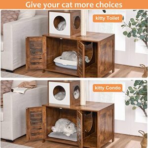 BEWISHOME Cat Litter Box Enclosure Hidden Litter Box Furniture with Cat Tree Tower, Cat Washroom Furniture, with Front Entry, Modern Wooden Cat House for Indoor Rustic Brown CMW02F