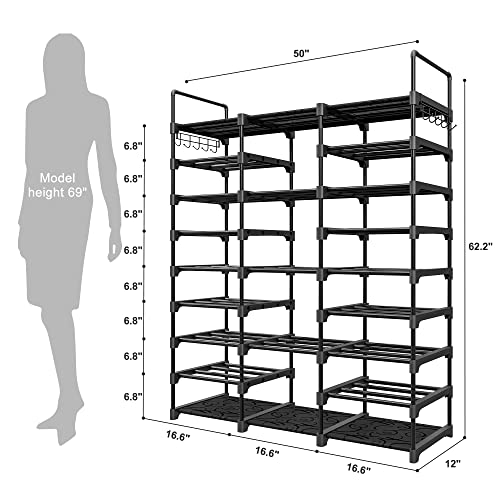 Tabiger 9 Tier Shoe Rack Organizer for Entryway 53-58 Pairs, DIY Stackable Shoe Rack for Closet Shoe Organizer with Sturdy Shelves and 10 Hooks, Metal Shoe Shelf Closet Organizer,12"D x 50"W x 63"H