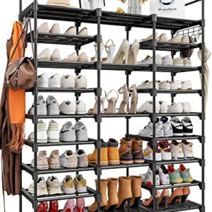 Tabiger 9 Tier Shoe Rack Organizer for Entryway 53-58 Pairs, DIY Stackable Shoe Rack for Closet Shoe Organizer with Sturdy Shelves and 10 Hooks, Metal Shoe Shelf Closet Organizer,12"D x 50"W x 63"H