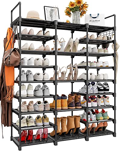 Tabiger 9 Tier Shoe Rack Organizer for Entryway 53-58 Pairs, DIY Stackable Shoe Rack for Closet Shoe Organizer with Sturdy Shelves and 10 Hooks, Metal Shoe Shelf Closet Organizer,12"D x 50"W x 63"H