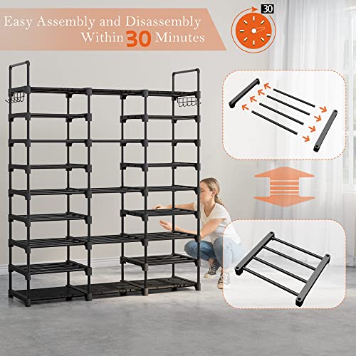 Tabiger 9 Tier Shoe Rack Organizer for Entryway 53-58 Pairs, DIY Stackable Shoe Rack for Closet Shoe Organizer with Sturdy Shelves and 10 Hooks, Metal Shoe Shelf Closet Organizer,12"D x 50"W x 63"H