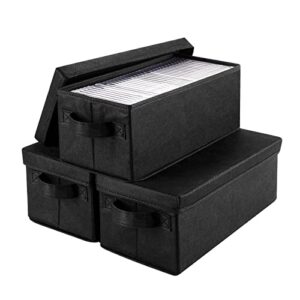 hattertop cd storage box set of 3, dvd storage case 14.2 x 6.3 x 5.5 inch cd case storage with lids & handles to store up to 165 discs for car travel home - black