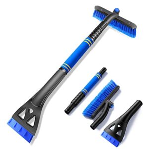 motomate 37" ice scraper and extendable snow brush, detachable snow scraper with foam grip 360° pivoting pvc brush head for car windshield, truck, suv (blue)