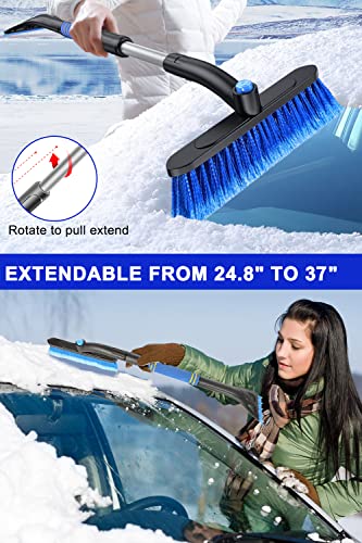 Motomate 37" Ice Scraper and Extendable Snow Brush, Detachable Snow Scraper with Foam Grip 360° Pivoting PVC Brush Head for Car Windshield, Truck, SUV (Blue)