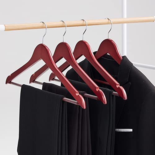 Solid Natural Wooden Coat Hangers, 10 Pack Heavy Duty Smooth Finish Suit Hangers with Non-Slip Pant Bar, Precisely Cut Notches & Chrome Swivel Hook for Closet, Wardrobe