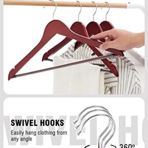 Solid Natural Wooden Coat Hangers, 10 Pack Heavy Duty Smooth Finish Suit Hangers with Non-Slip Pant Bar, Precisely Cut Notches & Chrome Swivel Hook for Closet, Wardrobe