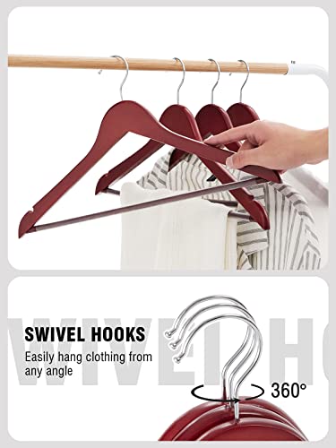 Solid Natural Wooden Coat Hangers, 10 Pack Heavy Duty Smooth Finish Suit Hangers with Non-Slip Pant Bar, Precisely Cut Notches & Chrome Swivel Hook for Closet, Wardrobe