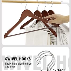 Solid Natural Wooden Coat Hangers, 20 Pack Heavy Duty Smooth Finish Suit Hangers with Non-Slip Pant Bar, Precisely Cut Notches & Chrome Swivel Hook for Closet, Wardrobe