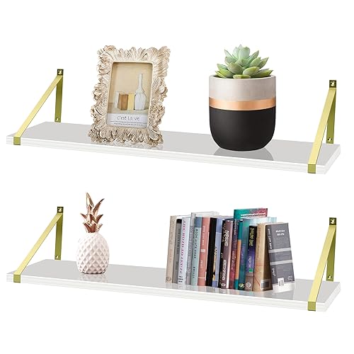 Gold Shelves Pine Wood Large 31.5 x7.87 Inch White Gold Floating Shelves with Elegant Lines,Long White Gold Shelf,Deep Wall Shelf,Gold Bookshelf,White Floating Bookshelf for Wall Decor Set of 2.