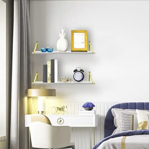 Gold Shelves Pine Wood Large 31.5 x7.87 Inch White Gold Floating Shelves with Elegant Lines,Long White Gold Shelf,Deep Wall Shelf,Gold Bookshelf,White Floating Bookshelf for Wall Decor Set of 2.