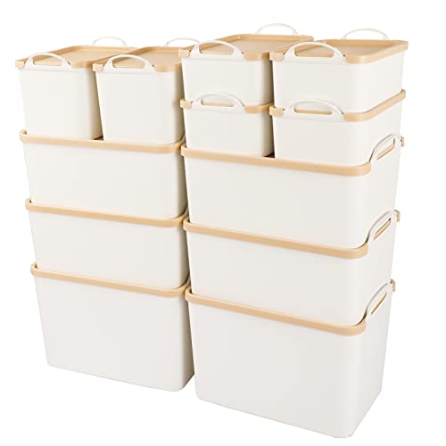 ANMINY 12PCS All-in-One Lidded Plastic Storage Bins Set White Desk Basket Box Drawer Organizer Kitchen Food Container with Handles Removable Lids Decorative Clothes Laundry Closet Cabinet Shelf Cube