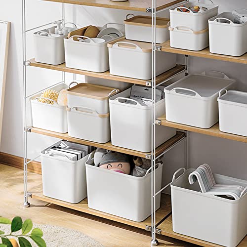 ANMINY 12PCS All-in-One Lidded Plastic Storage Bins Set White Desk Basket Box Drawer Organizer Kitchen Food Container with Handles Removable Lids Decorative Clothes Laundry Closet Cabinet Shelf Cube