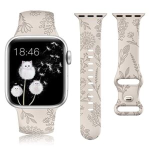 minyee floral engraved band compatible with apple watch band 38mm 40mm 41mm women, cute soft silicone dandelion flower pattern sport designer fancy summer bracelet for iwatch series se/8/7/6/5/4/3/2/1