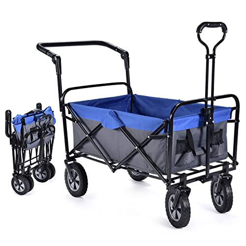 Beglero Heavy Duty Foldable Wagon Cart: Collapsible Wagon, All Terrain Wheels, 100L, 220 lbs Capacity, Push Pull Outdoor Garden Cart Foldable Wagon for Grocery, Camping, Shopping, Sports (Blue-Black)