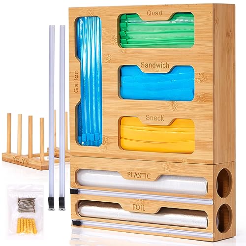 YOLYN Ziplock Bag Organizer & Plastic Wrap Dispenser with Cutter - Bamboo Kitchen drawer organizer, Foil & Food Bag Storage Organizer Compatible with Gallon, Quart, Sandwich and Snack Bags