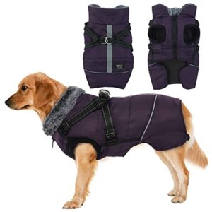 dog winter coat with harness, windproof warm puppy cold weather vest, reflective zip up pet jacket, water-resistant doggie snow clothes, soft fleece lining pup apparel thick plush collar outfit(l)