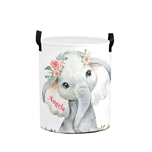 Personalized Custom Pink Flower Elephant Laundry Baskets with Name Waterproof Laundry Hampers Storage Baskets with Handles for Baby Boys Girls Gift