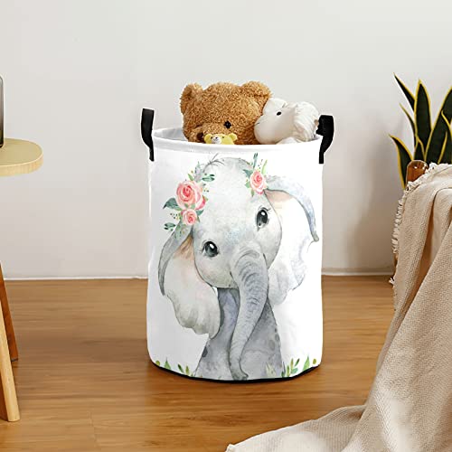 Personalized Custom Pink Flower Elephant Laundry Baskets with Name Waterproof Laundry Hampers Storage Baskets with Handles for Baby Boys Girls Gift