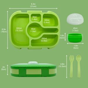 HCYWOC Bento Box for Kids - Leakproof 5 Compartments Bento Kids Lunch Box with Cutlery and Sauce Container - Ideal Portion Sizes for Ages 3 to 7 Kids Back to School, BPA-Free, Dishwasher Safe, Green