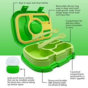 HCYWOC Bento Box for Kids - Leakproof 5 Compartments Bento Kids Lunch Box with Cutlery and Sauce Container - Ideal Portion Sizes for Ages 3 to 7 Kids Back to School, BPA-Free, Dishwasher Safe, Green