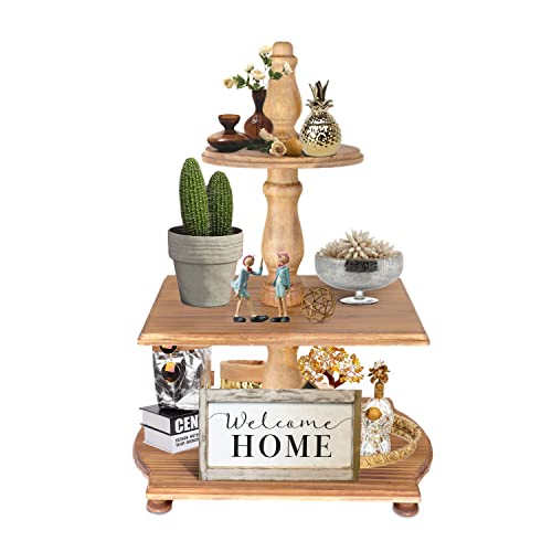 NISE, Farmhouse Three Tiered Tray Stand - 22x16 inch Farmhouse 3 Tier Tray - White Wooden Decorative Tiered Tray for Tier Tray Decor - Kitchen Table Centerpieces (Brown) (NTTT)