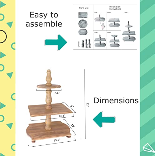 NISE, Farmhouse Three Tiered Tray Stand - 22x16 inch Farmhouse 3 Tier Tray - White Wooden Decorative Tiered Tray for Tier Tray Decor - Kitchen Table Centerpieces (Brown) (NTTT)