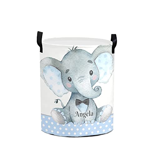 Personalized Custom Elephant Blue Dots Laundry Baskets with Name Waterproof Laundry Hampers Storage Baskets with Handles for Baby Boys Girls Gift