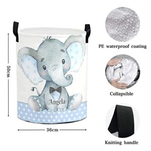 Personalized Custom Elephant Blue Dots Laundry Baskets with Name Waterproof Laundry Hampers Storage Baskets with Handles for Baby Boys Girls Gift