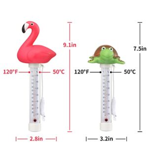 2 Packs Floating Pool Thermometer, Flamingo & Turtle Design Large Size Easy Accurate Readings for Water Temperature, Shatter Resistant with String for Outdoor & Indoor Swimming Pools & Spas